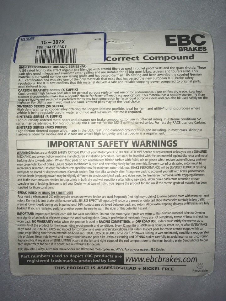 EBC FA 307X X Series Carbon Brake Pads NOS, WPS 15-307X | eBay