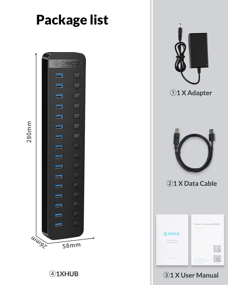 ORICO Industrial USB 3.0 HUB 16 Port OTG Splitter w/ On/Off Switch for ...