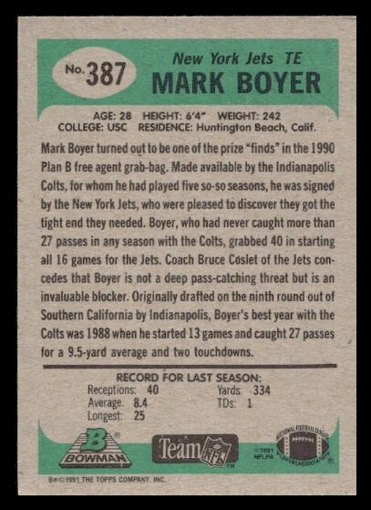 1991 Bowman #387 Mark Boyer New York Jets | eBay