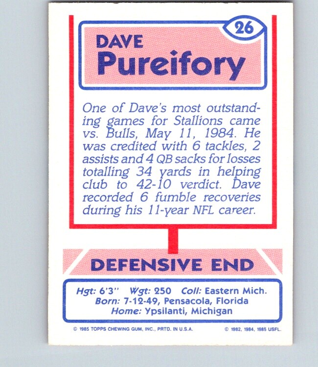 1985 TOPPS USFL FOOTBALL #26 DAVE PUREIFORY NRMT/MT HB | eBay