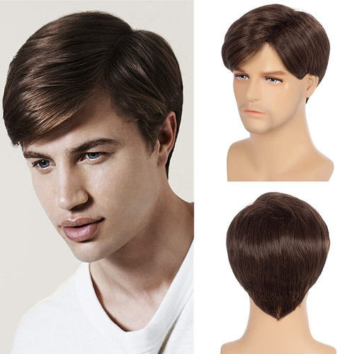 Swiking Men Brown Straight Wigs Short Side Part Natural Synthetic Hair ...
