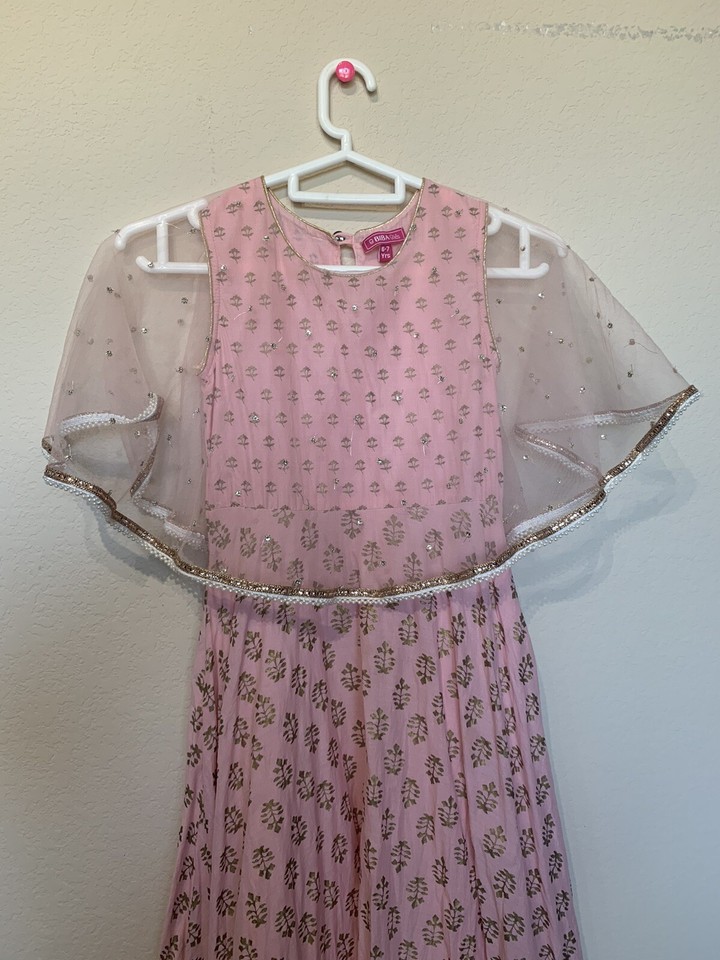 Biba Girls Cape gown Dress sz 6-7 yrs light pink block print beads ...