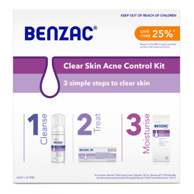 Benzac Clear Skin Acne Control Kit - 3 Steps Cleanse, Treat AC 2.5% ...