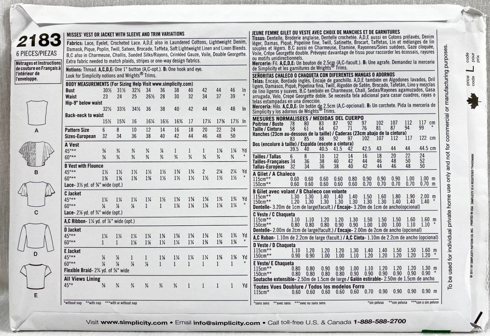 2011 Simplicity Sewing Pattern 2183 Womens Vest & Jacket Size 16-24 ...