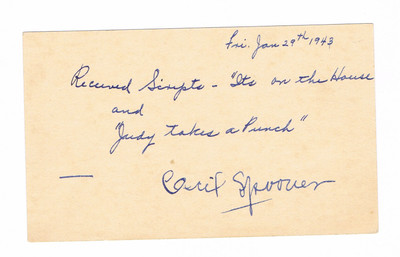 1943 AUTOGRAPH NOTE SIGNED by CECIL SPOONER, FEMINIST & STAGE ACTRESS ...