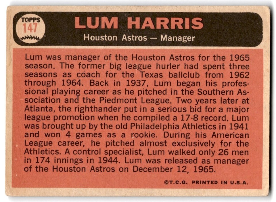 1966 Topps Lum Harris Houston Astros #147 | eBay