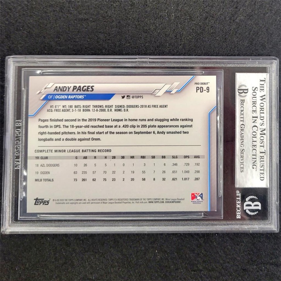 Andy Pages signed 2020 Topps Pro Debut Dodger RC rookie card BAS ...