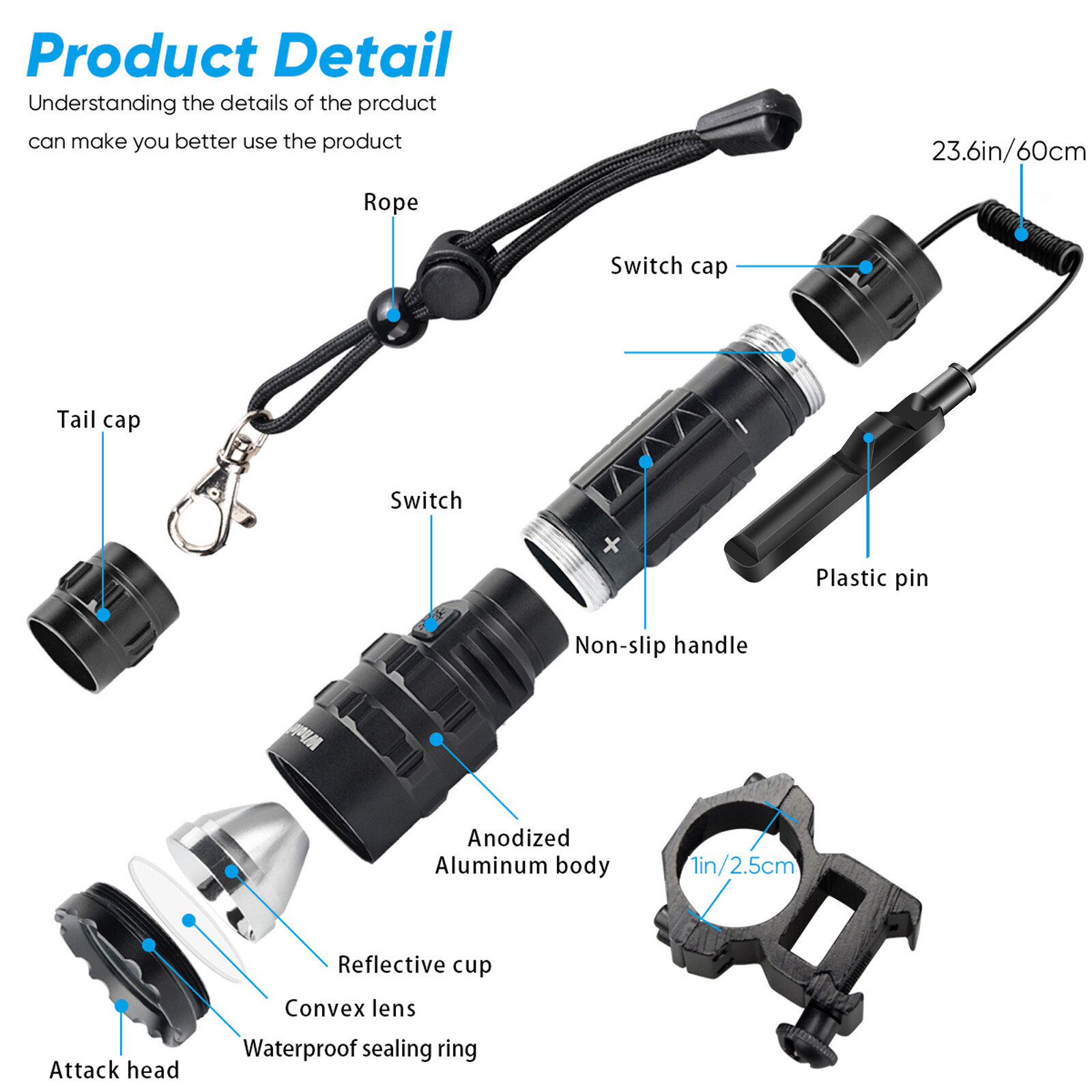 500000 Lumens Rechargeable LED Flashlight Tactical Gun Mounted Light ...