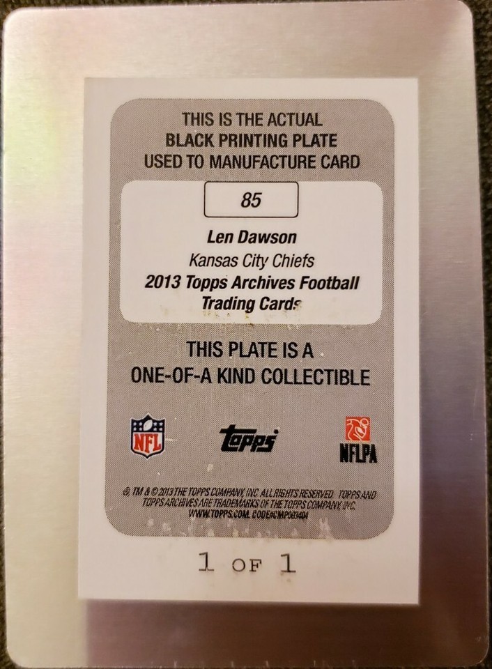 LEN DAWSON 2013 Topps Archives Black PRINTING PLATE #1/1 Chiefs ...