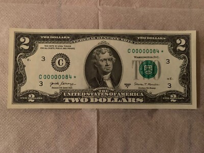 2$ Dollar Bill C00000084*Star Note Two Digit Low Serial Number 2017A ...