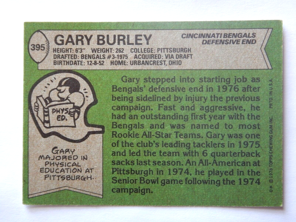Gary Burley #395 Topps 1978 Football Card (Cincinnati Bengals) *VG | eBay