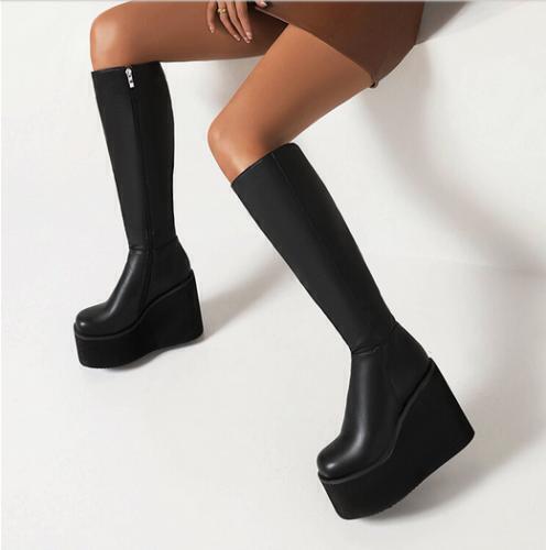 Fashion Women Faux Leather Zip Platform Wedge Heels Knee High Boots ...