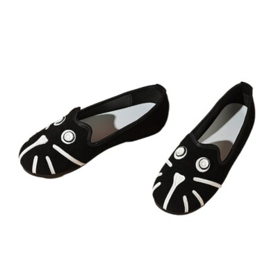 New For Ladies Girls Women Embroidery Kitty Cat Velvet Flats Loafers ...