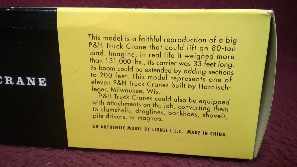 LIONEL No. 6828-100 REPRODUCTION BOX FOR P&H HARNISCHFEGER TRUCK CRANE ...