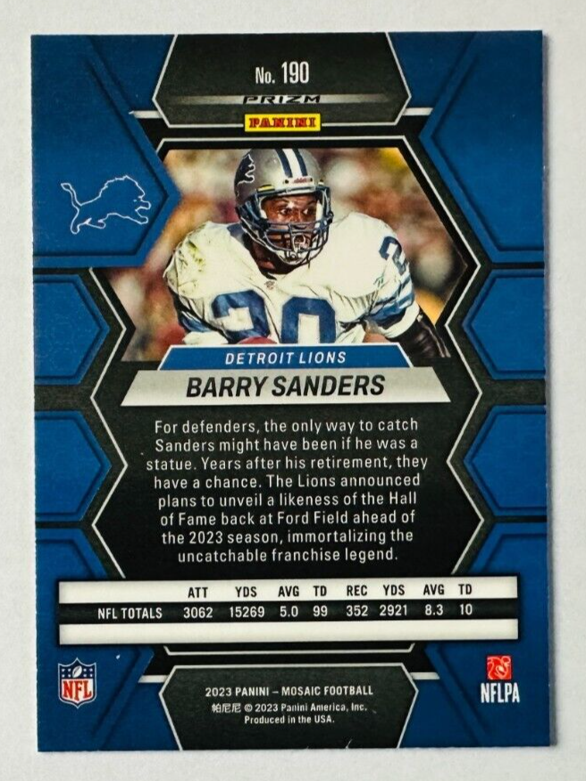 2023 Panini Mosaic Barry Sanders SILVER Prizm Card #190 Lions Legend ...