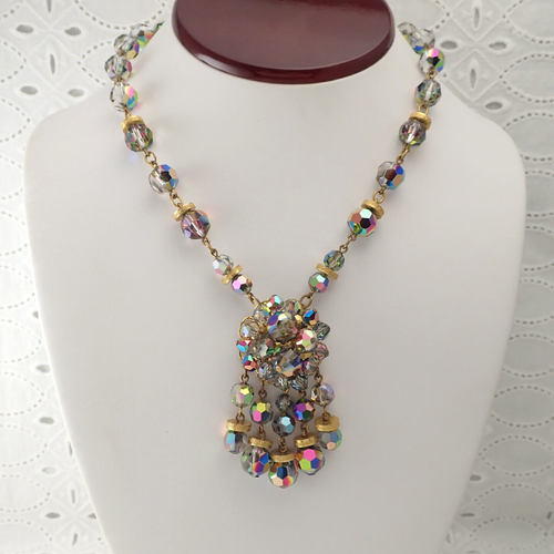 Vtg Freirich AB Crystal Cluster Dangle Tassel Pendant 16.5" Gold Tone ...