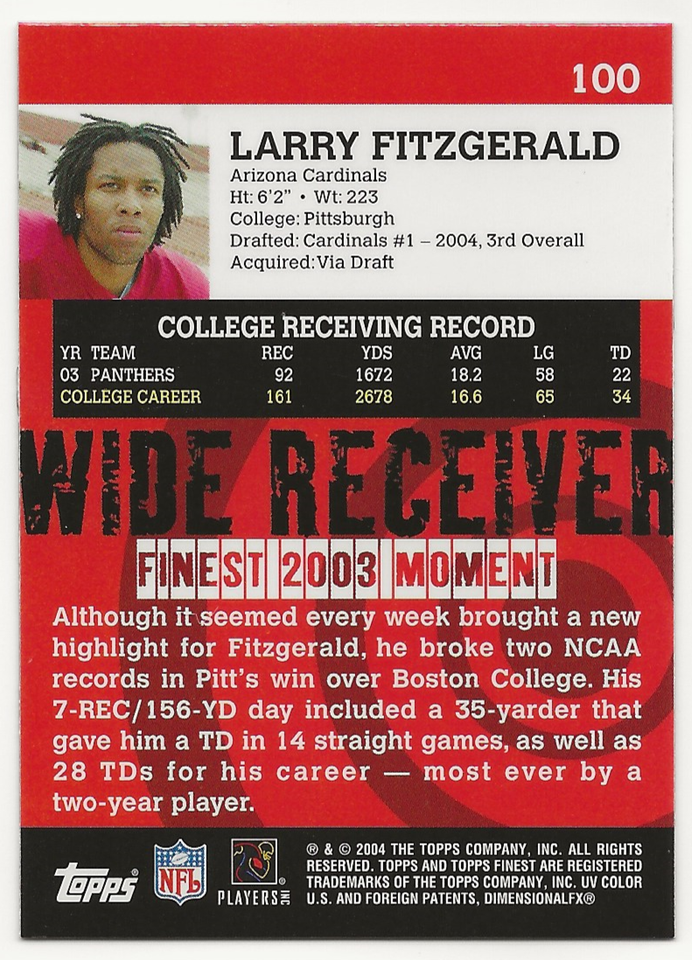2004 Topps Finest #100 Larry Fitzgerald ROOKIE | eBay