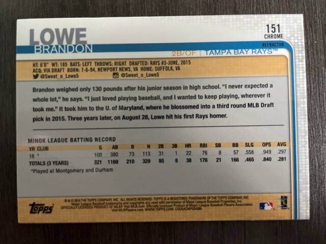 2019 Topps Chrome Brandon Lowe refractor RC Rookie Card #151 Tampa Bay ...