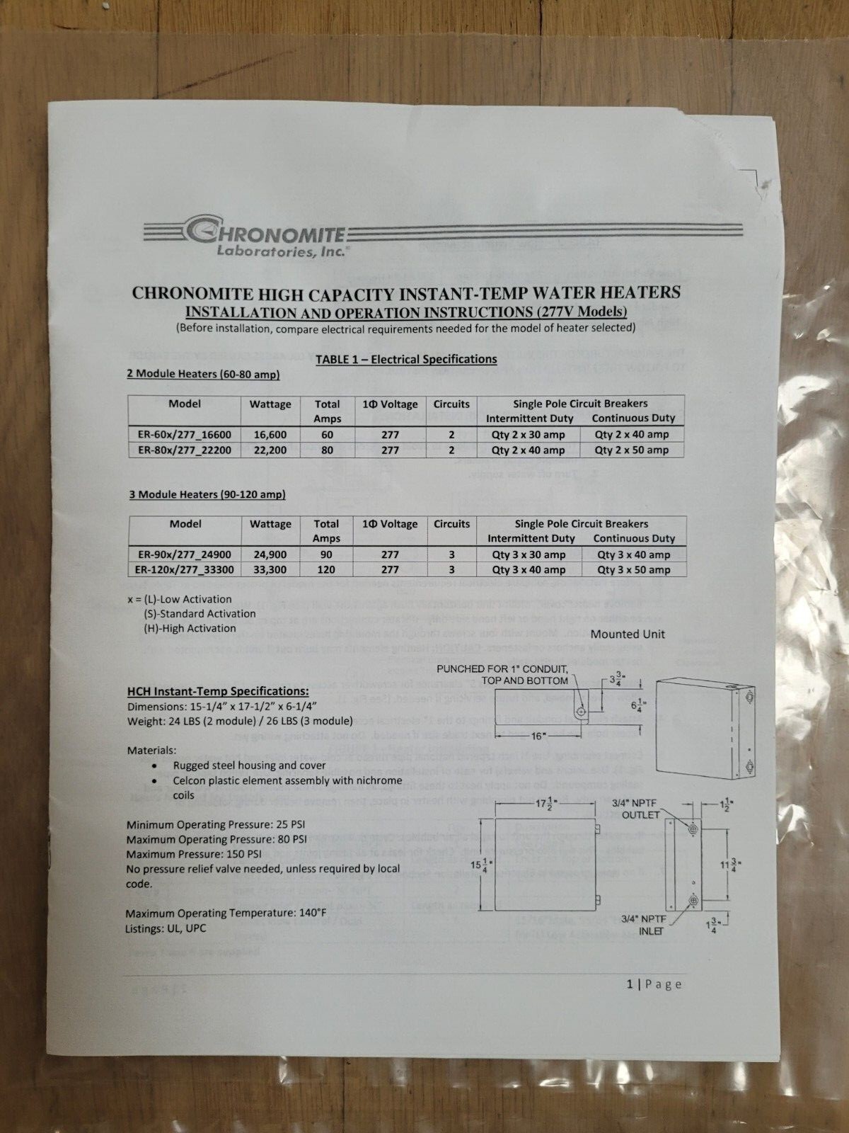 CHRONOMITE LABS ER-60S/277 Low Act-L2,Elec Tnkless Wtr Htr,60A,277V | eBay