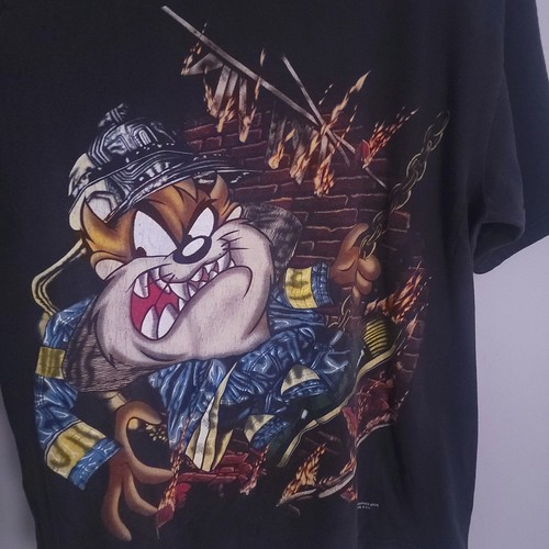 Vintage 90s Taz Firefighter Looney Tunes Shirt Size Large Black Cartoon ...