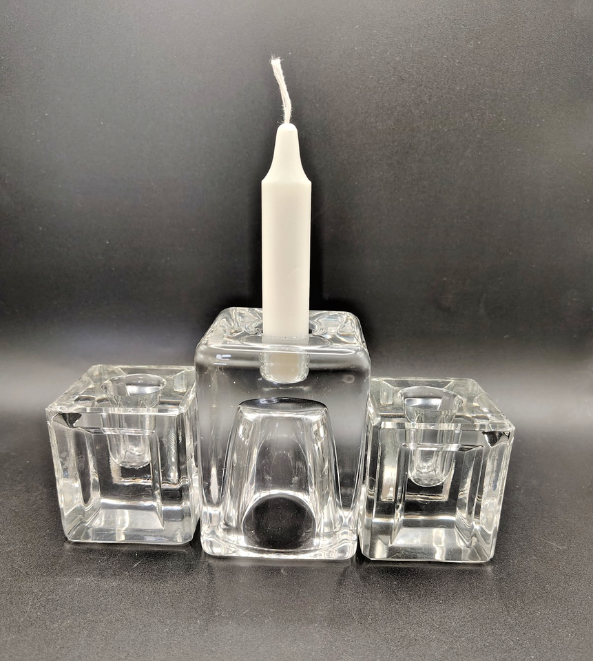Set of 3 Ice Cube Candle Holders Clear Glass Votive Taper Heavy Thick ...