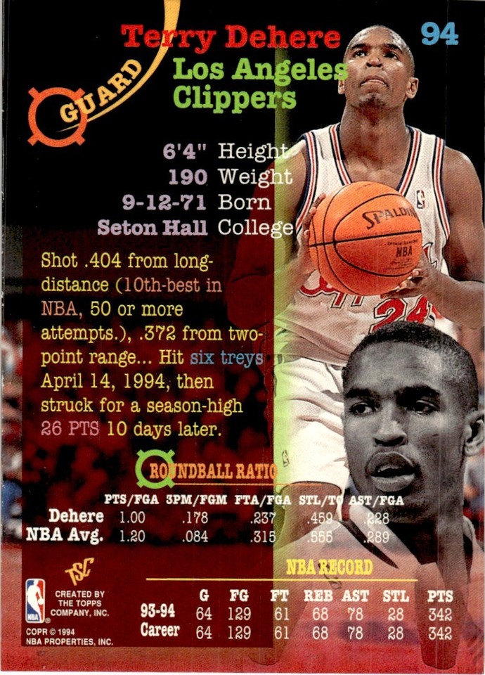 1994-95 Stadium Club Basketball Card Terry Dehere Los Angeles Clippers ...