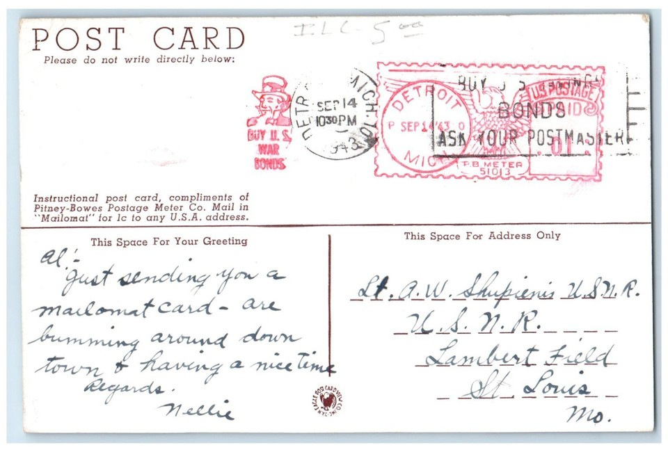 1943 The Mailomat US Mailbox Pitney Bowes Postage Detroit Michigan MI ...