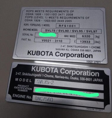 Fit For Kubota SVL75 & ROPS Meets Aluminum Data Plate Emblem ENGRAVED ...