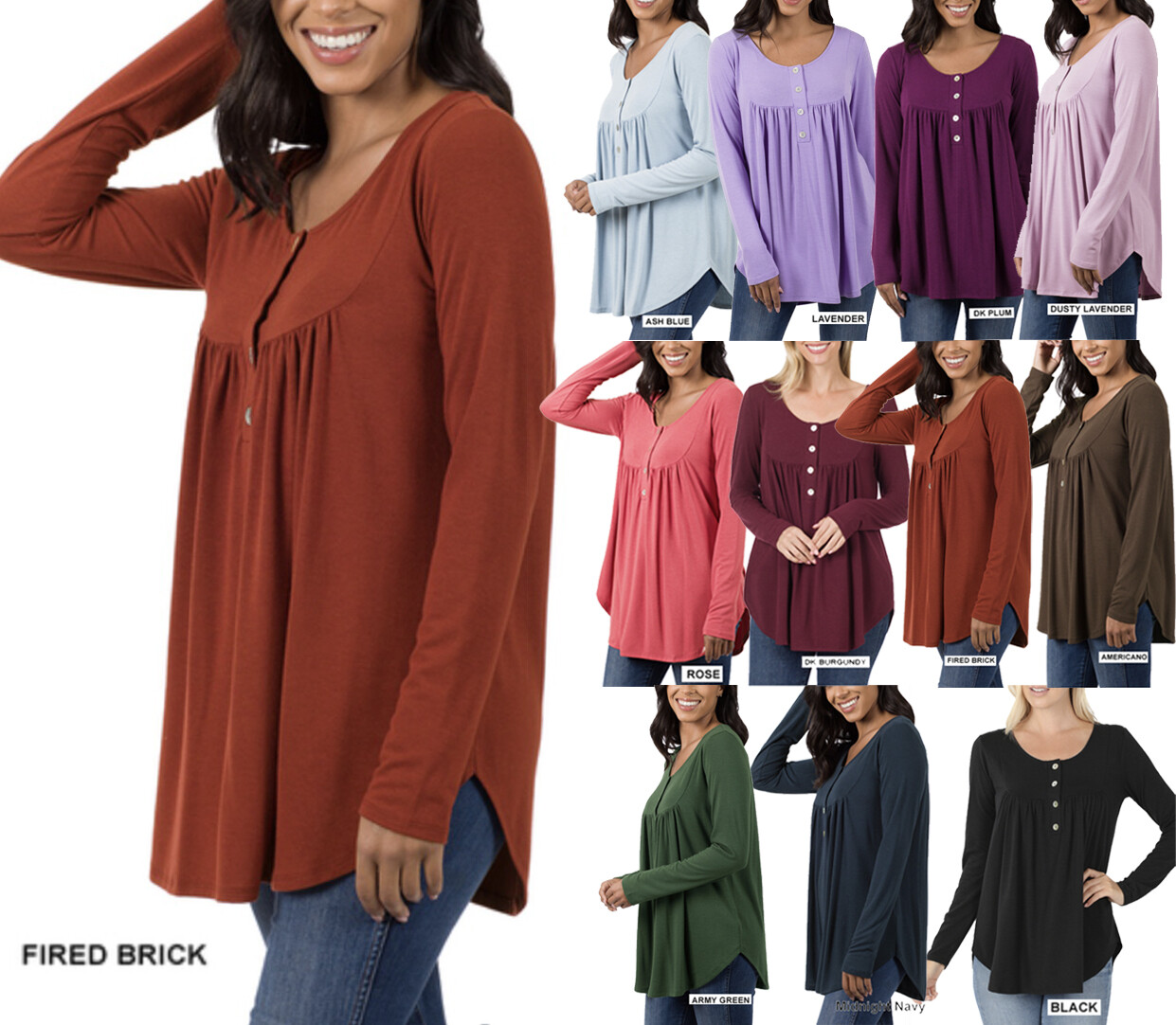 ZENANA 2349 Babydoll Henley Tunic Knit Top Shirred Yoke Long Sleeve S M ...