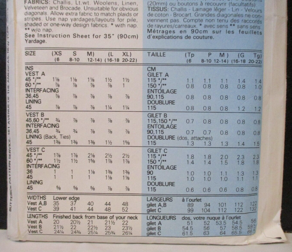 Butterick Pattern 6417 Misses Size XS-S-M Vests Cut Complete Vintage ...