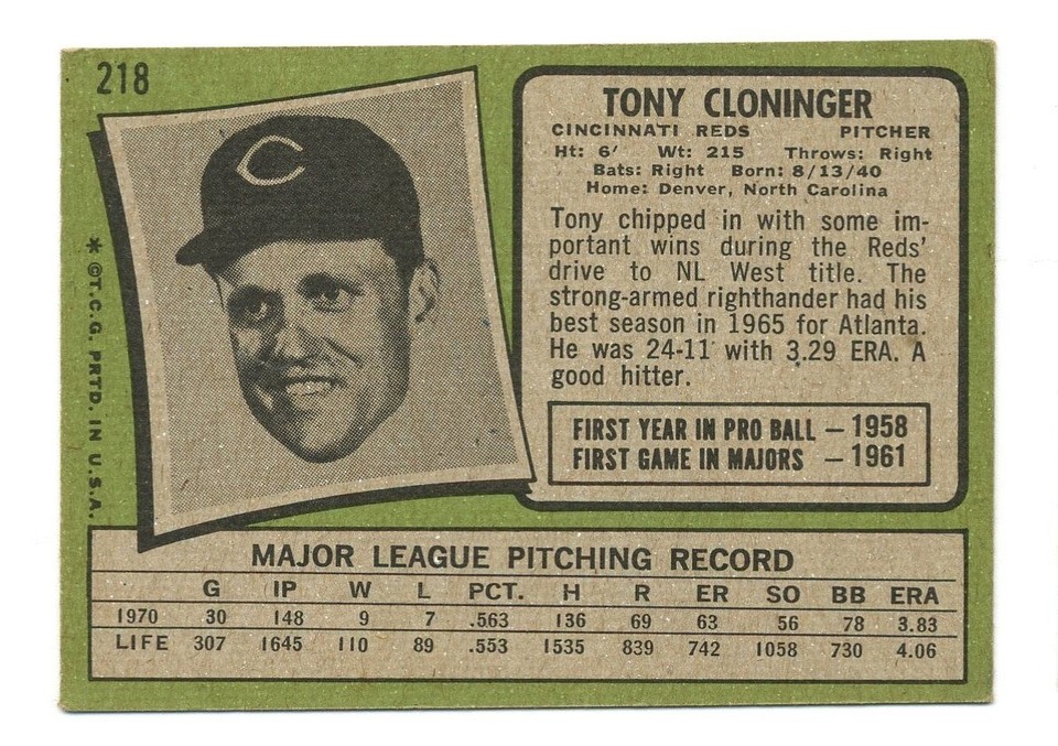 1971 TOPPS CINCINNATI REDS TONY CLONINGER #218 | eBay