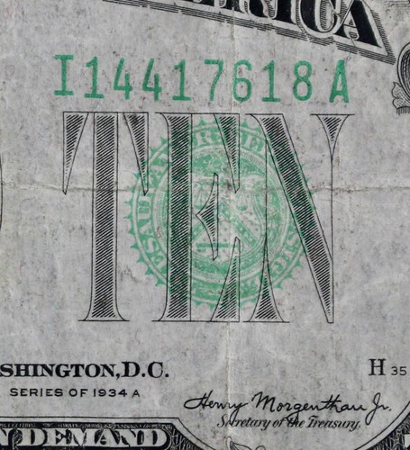 $10 1934A Mule Federal Reserve Note I14417618A series A, ten dollar, MN ...