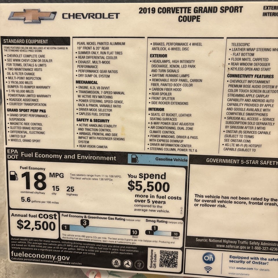 Dealer Window Sticker 2019 Corvette Grand Sport Coupe | eBay