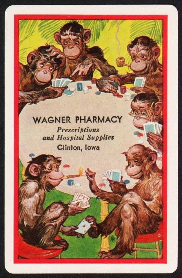 Vintage playing card WAGNER PHARMACY red border monkeys playing cards ...