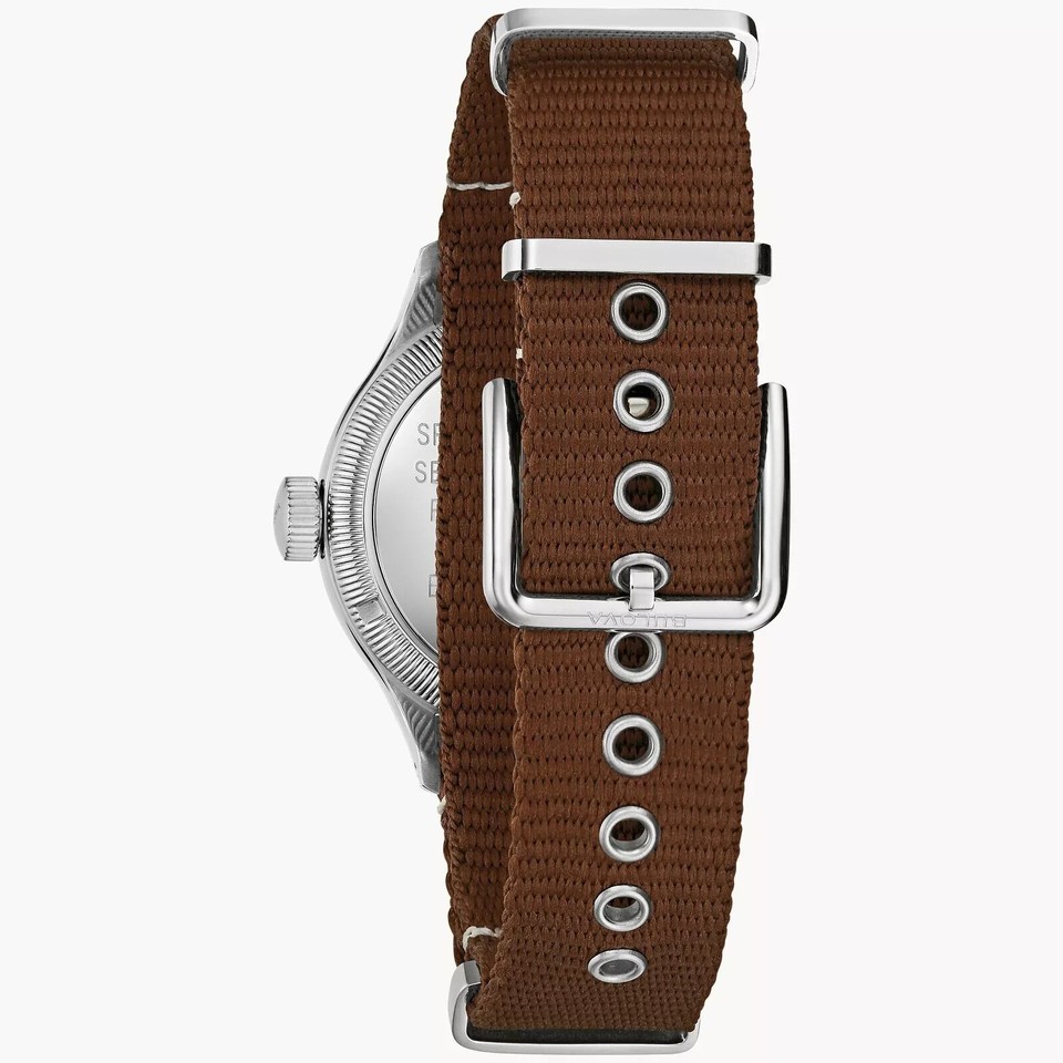 Bulova A-11 Men's Automatic Hack Watch - Blue Dial - Brown Nylon Strap ...