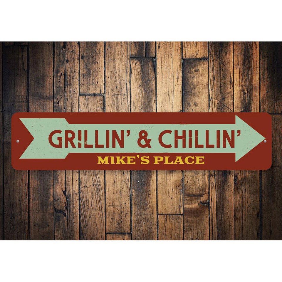 Grillin' & Chillin' Sign, Personalized Grill Master Arrow Aluminum ...