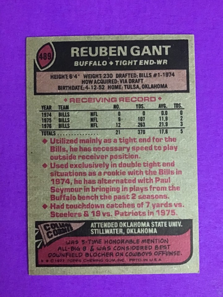 1977 TOPPS FOOTBALL SET BREAK CARD # 489 Reuben Gant Rookie Card | eBay