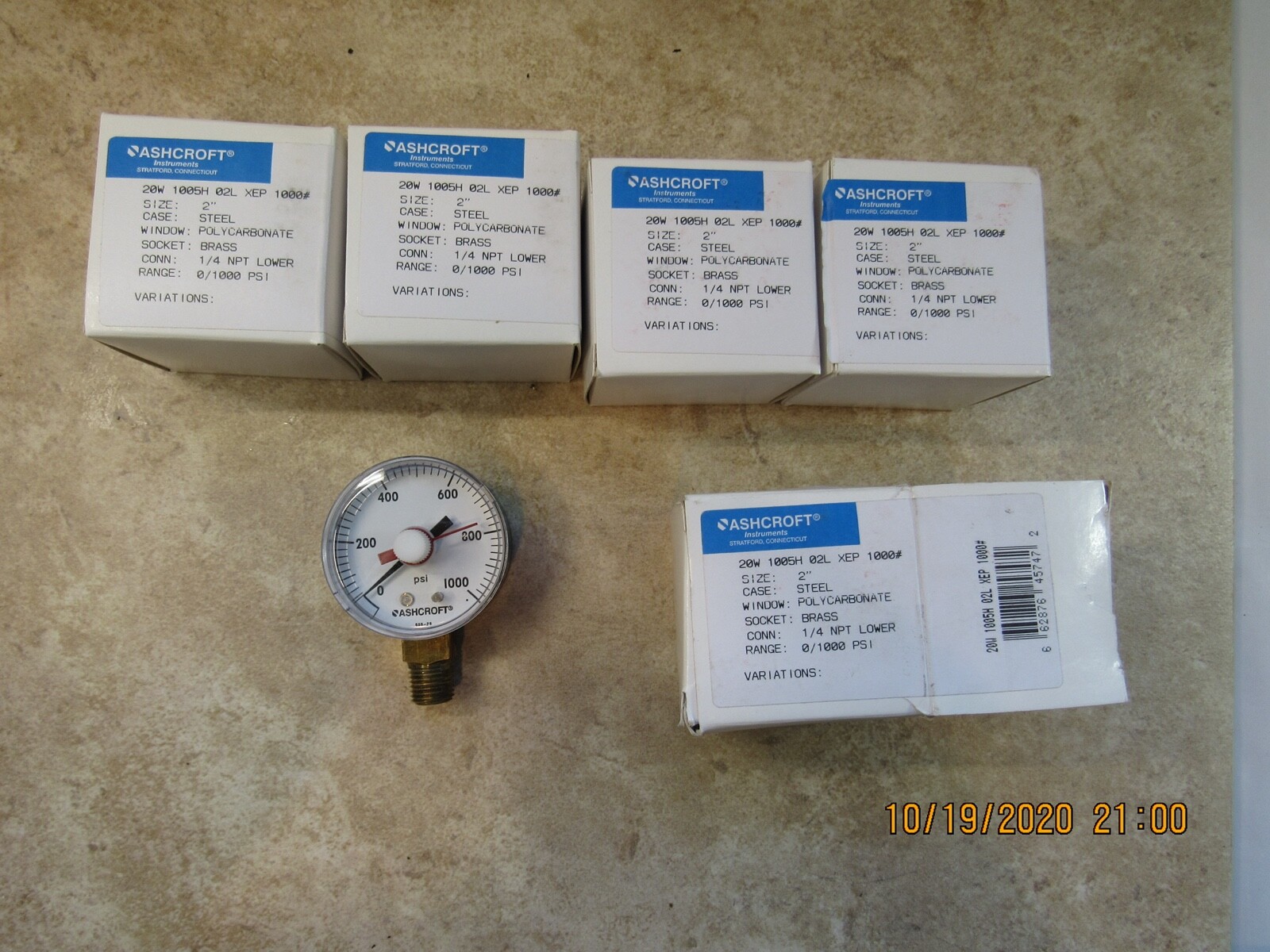 Qty. 5 NEW Ashcroft Instruments 1005H Pressure Gauges 2", 1000psi, 20W ...