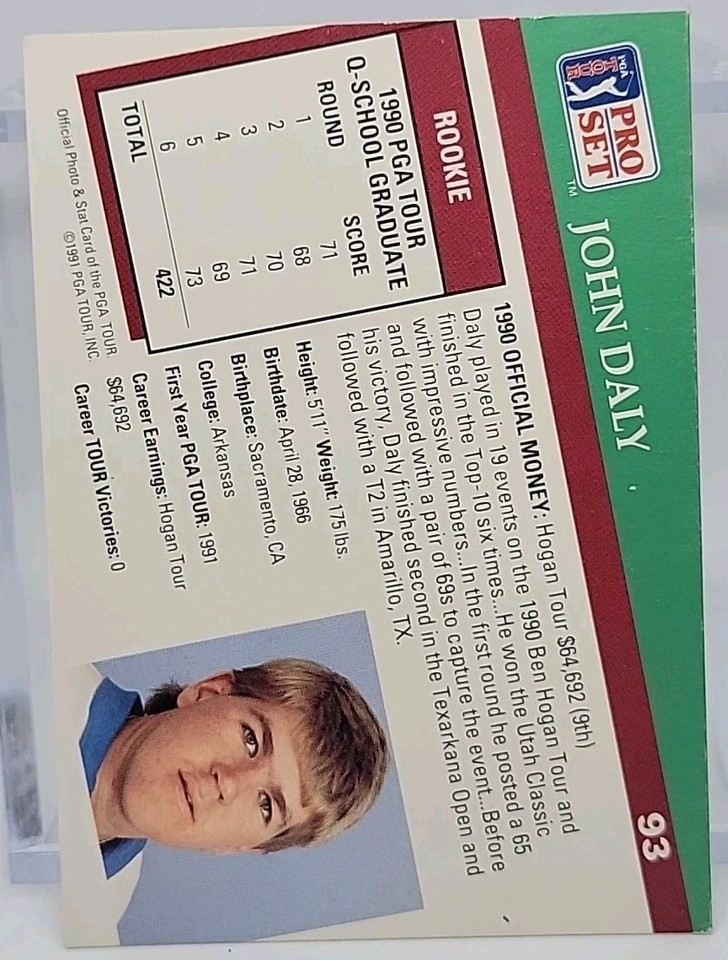 1991 Pro Set PGA Golf Tour Rookie #93 John Daly RC Card Proset Early ...