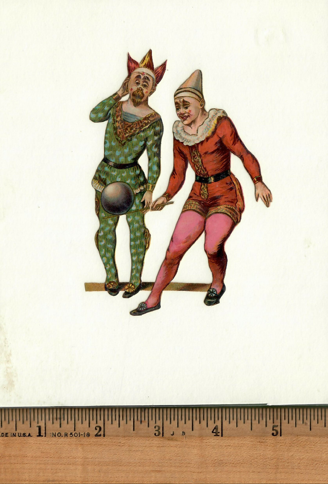 VICTORIAN DIE-CUT LARGE SCRAP - TWO JESTERS WITH PADDLE & BALL - 3"X4.5 ...