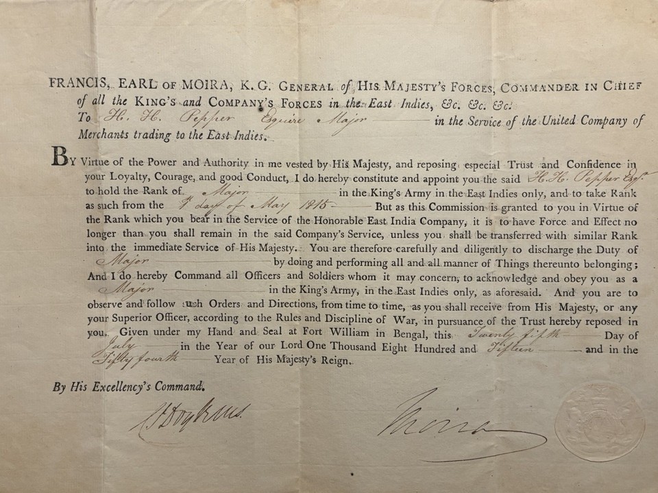 1815 Appointment of H H Pepper to Rank of Major, East Indies Company ...