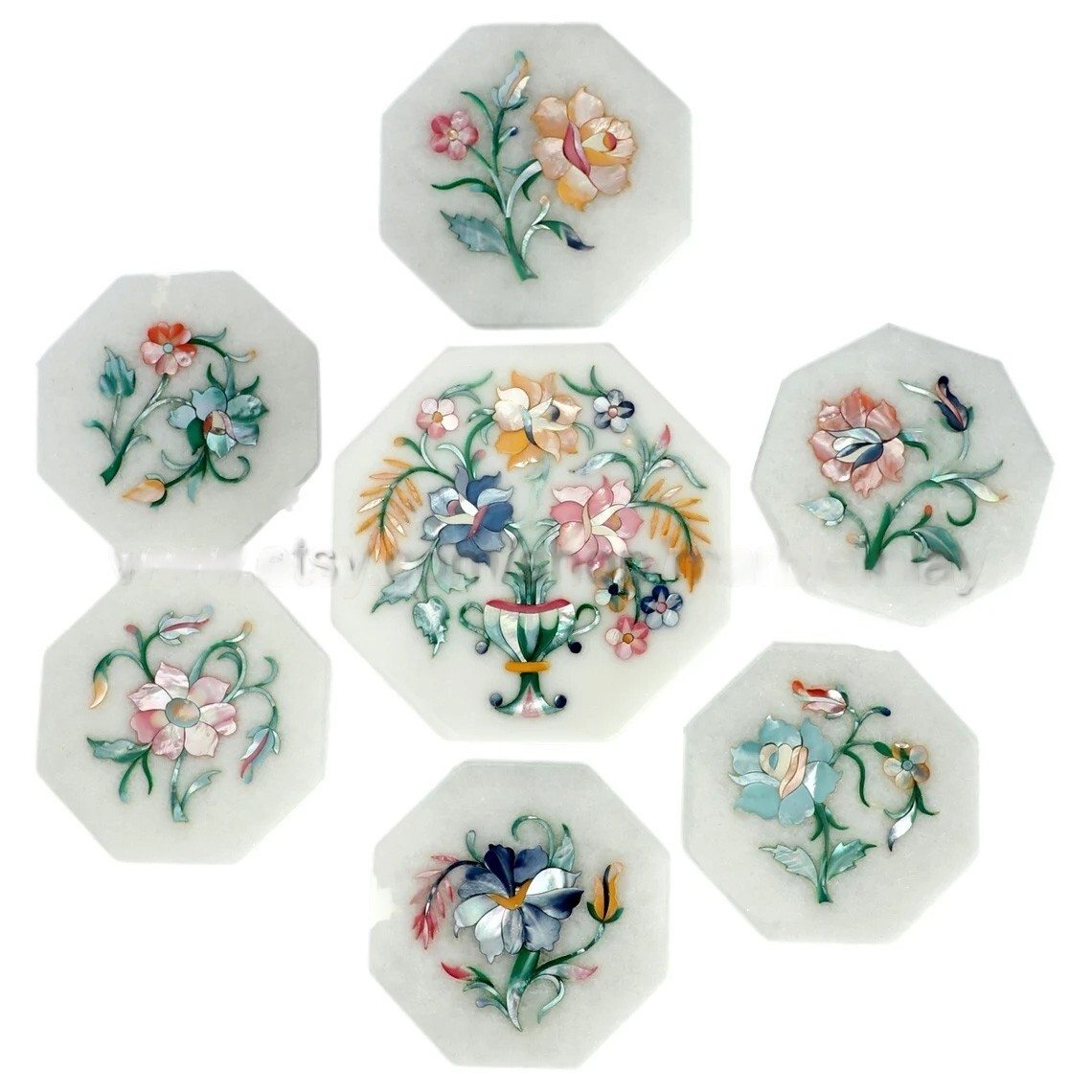 White Marble Coasters With Holder Set Of 6 Mop Multi Gem stones Inlay ...