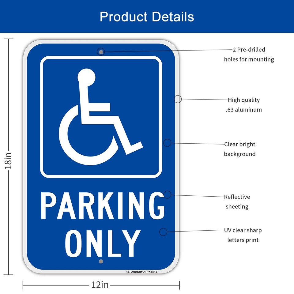 4 Pack Handicap Parking Only Signs, 12" x 18" Heavy-Duty Aluminum ...