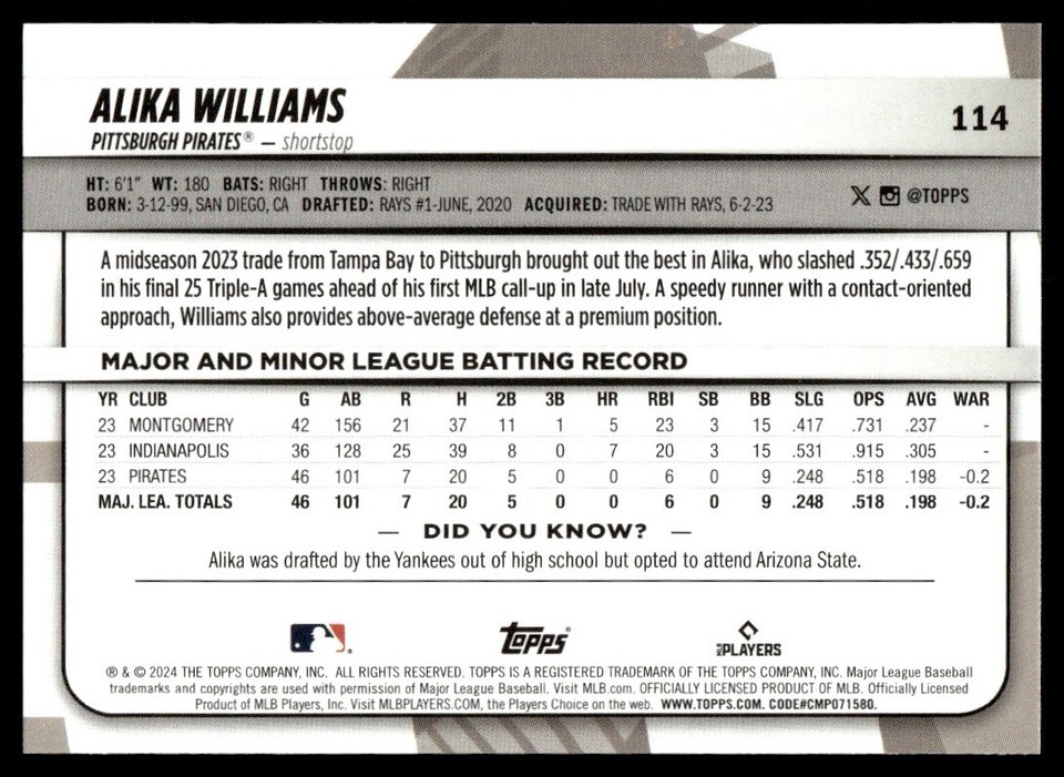 2024 Topps Big League Baseball Alika Williams Rookie Pittsburgh Pirates ...