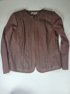 Peter Nygard Collection Women's Jacket M 10-12 Brown Leather Knit Zip ...