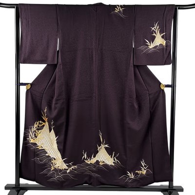 Japanese Silk Houmongi Kimono M 156cm Deep purple Fishing net drying ...