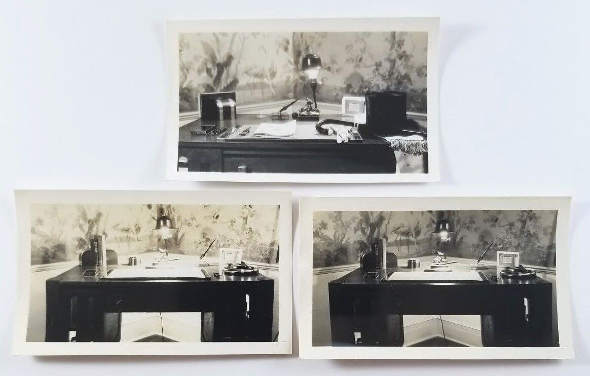 Vintage Snapshot Photos Still Life Desk With Lamp Cane Top Hat Gloves ...