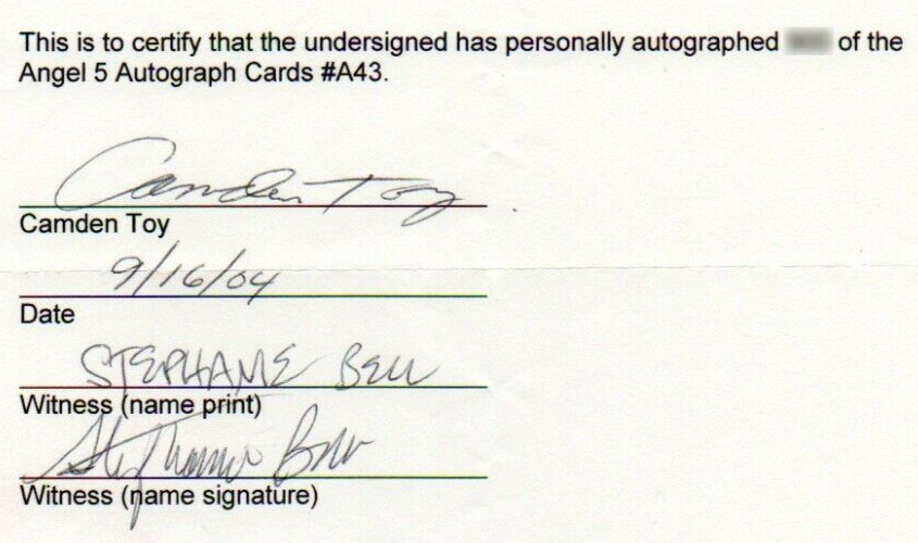 Signed Contract CAMDEN TOY Inkworks AUTOGRAPH Certification Witnessed ...