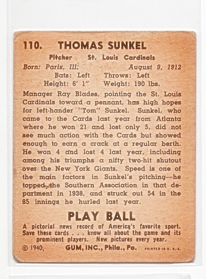 1940 PLAY BALL #110 TOM SUNKEL ST. LOUIS CARDINALS PITCHER CARD | eBay