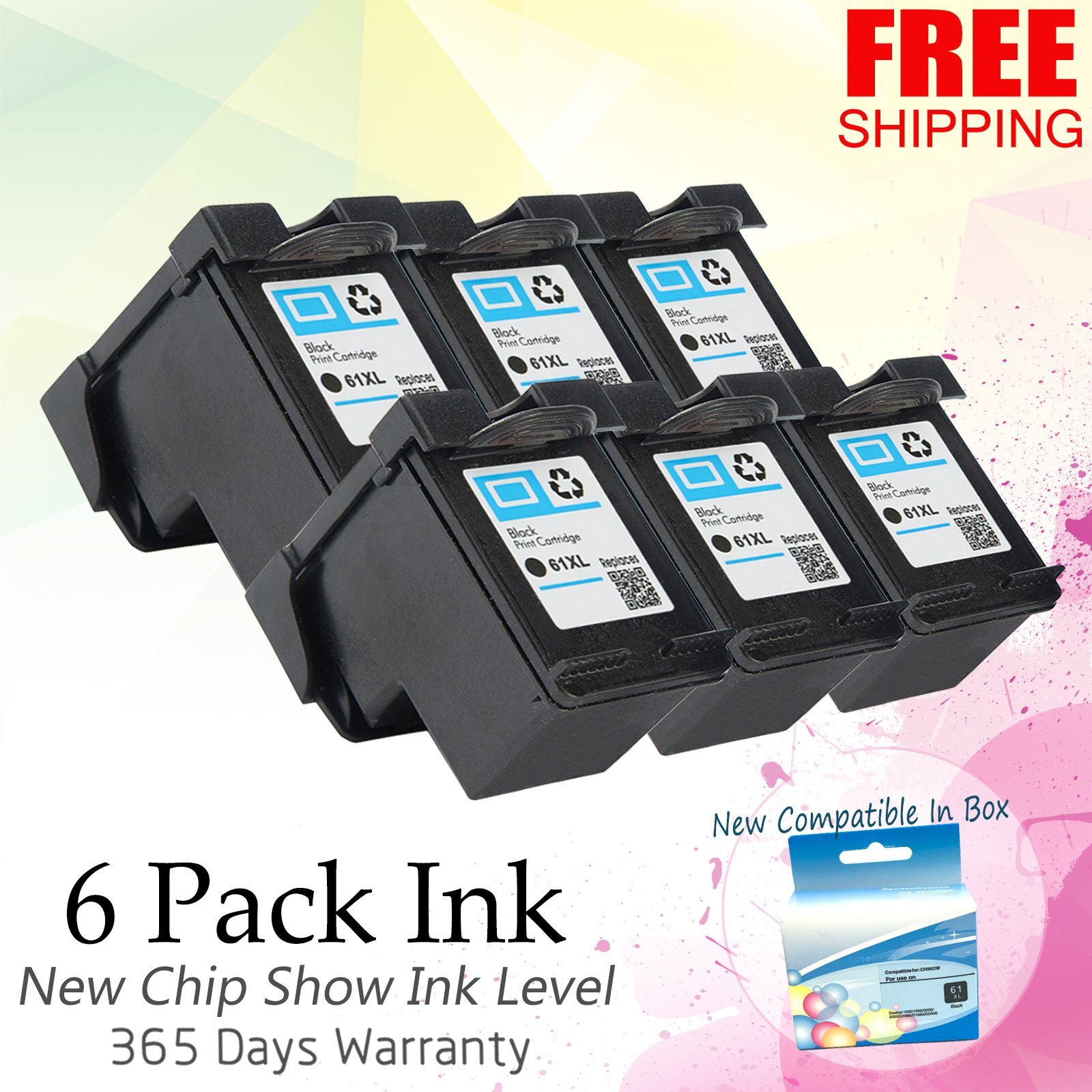6PK 61XL Black Ink Cartridge For HP ENVY 4500 4501 4502 4504 5530 5535 ...
